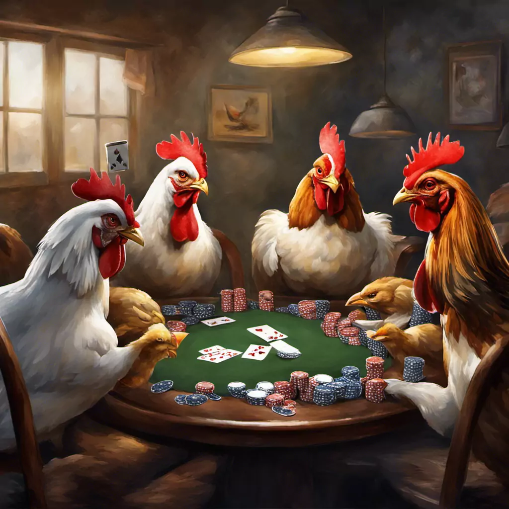 a group of chickens playing cards at a table